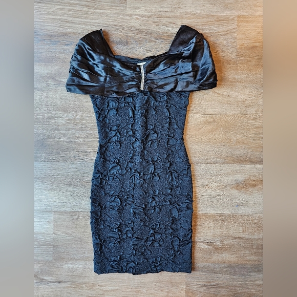 Dresses | Vintage 8s Satin Off The Shoulder Black Textured Clingy ...